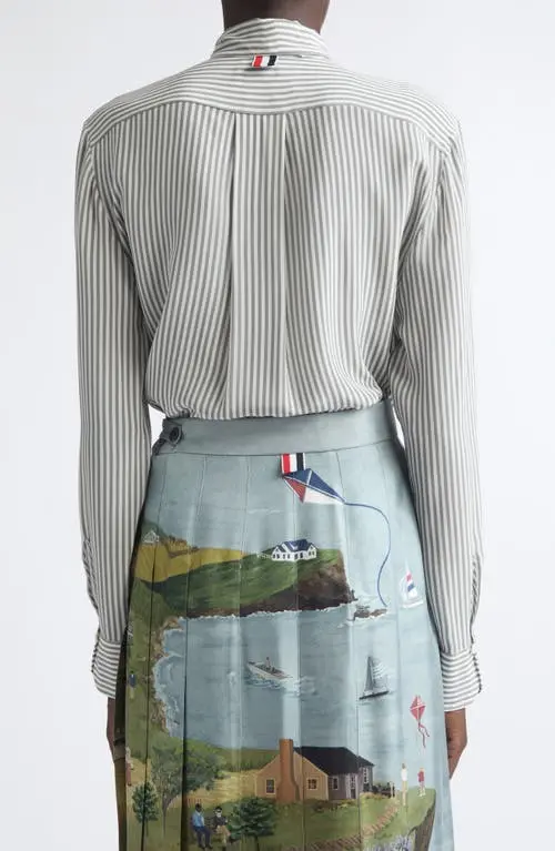 Thom Browne Striped Silk Shirt With Detachable Bow Collar - Medium Grey