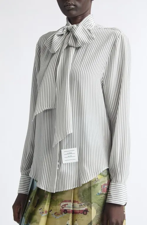 Thom Browne Striped Silk Shirt With Detachable Bow Collar - Medium Grey