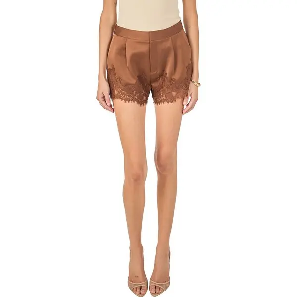 Endless Rose Satin Shorts With Lace Trim - Brown