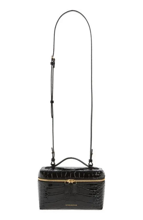 Victoria Beckham Dorian Croc Embossed Leather Vanity Case Bag - Black