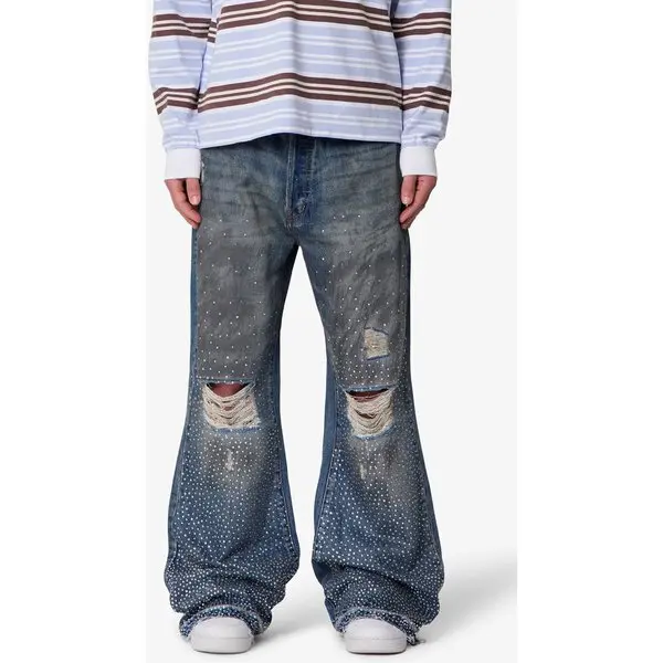 Mnml Rhinestone Ripped Kick Flare Jeans