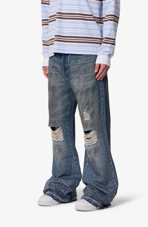 Mnml Rhinestone Ripped Kick Flare Jeans - Blue