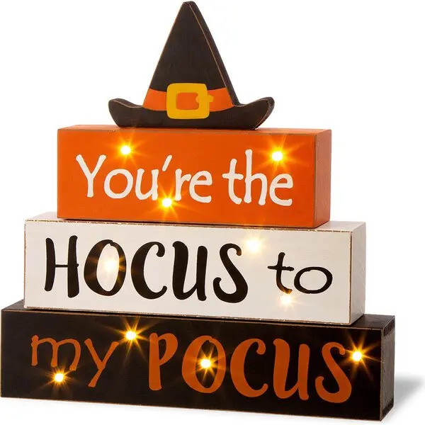 GLITZHOME 11.5"h Halloween Wooden Lighted Witch/word Block Table Decor W/timer
