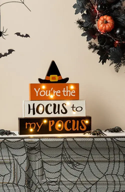 GLITZHOME 11.5"h Halloween Wooden Lighted Witch/word Block Table Decor W/timer