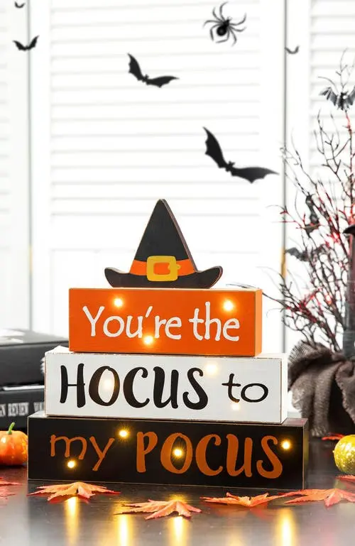 GLITZHOME 11.5"h Halloween Wooden Lighted Witch/word Block Table Decor W/timer