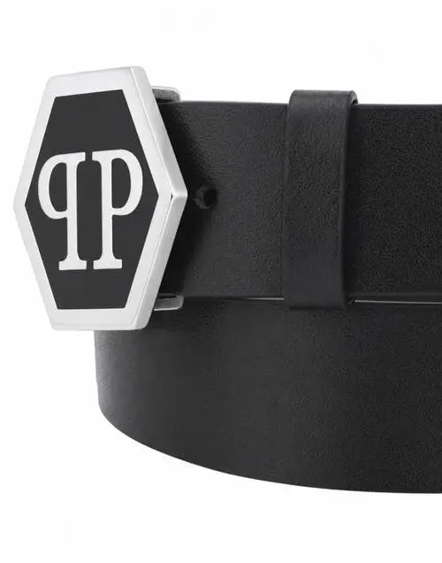 Philipp Plein Hexagonal Logo Leather Belt - Black/nickel