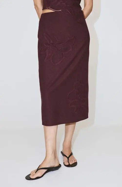 Mango Floral Embroidered Midi Skirt - Maroon