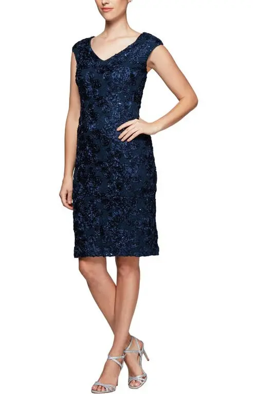Alex Evenings Alex Evening Rosette Sheath Dress - Navy