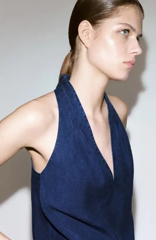 Mango Asymmetrical Denim Halter Top