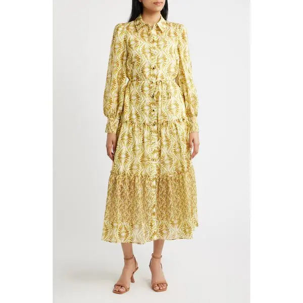 Julia Jordan Tile Print Long Sleeve Tiered Shirtdress - Yellow Multi
