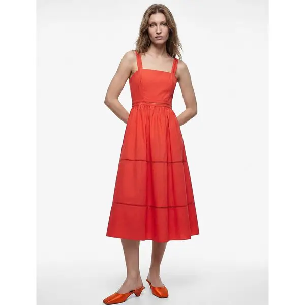 KOTON Square Neck Strappy Lace Detail Cotton Midi Dress - Red