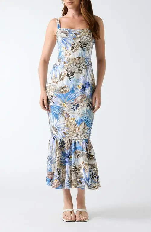 Guess Rory Tropical Print Mermaid Hem Midi Dress