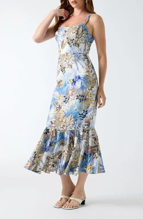 Guess Rory Tropical Print Mermaid Hem Midi Dress
