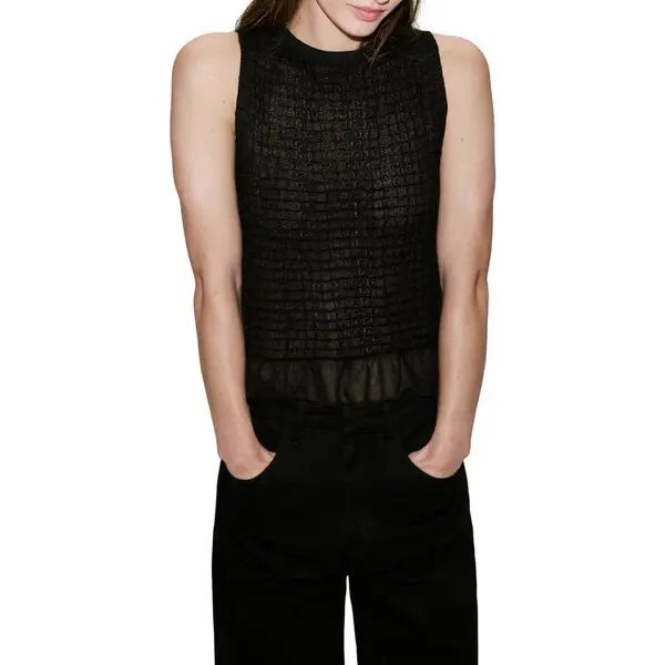 Mango Shirred Ruffle Sleeveless Top - Black