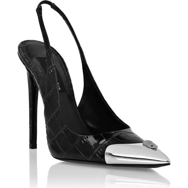 Philipp Plein Croc Effect Slingback Stiletto Heels With Skull Embellishment