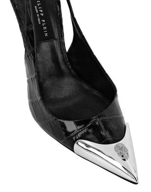 Philipp Plein Croc Effect Slingback Stiletto Heels With Skull Embellishment