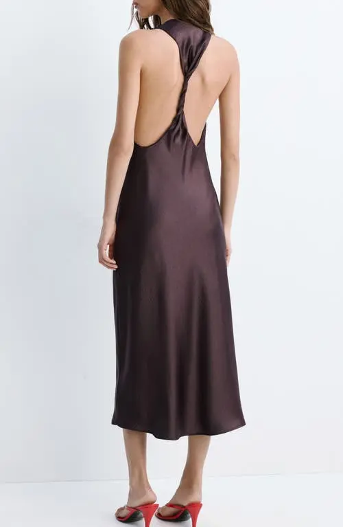 Mango Satin Open Back Jewel Neck Sleeveless Dress - Chocolate