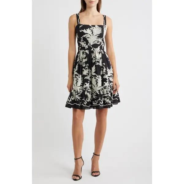Julia Jordan Embroidered Cotton Fit And Flare Dress - Black Multi