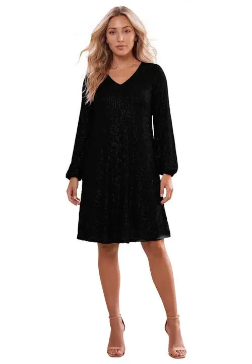 Roaman's Sequin Mesh V-neck Swing Dress With Blouson Sleeves - Black