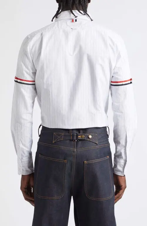 Thom Browne Straight Fit Armband Stripe Cotton Button-down Shirt - Medium Grey