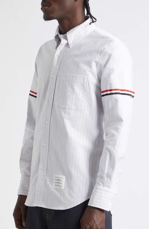 Thom Browne Straight Fit Armband Stripe Cotton Button-down Shirt - Medium Grey