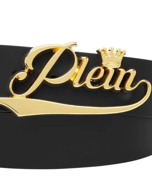 Philipp Plein Plein Leather Belt With Gold Tone Logo Buckle - Black/lightgold