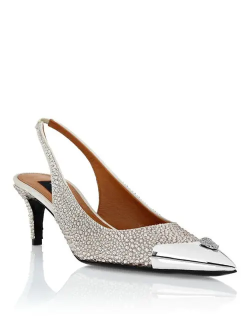Philipp Plein Satin Slingback Pumps With Jewel Skull Detail - Beige