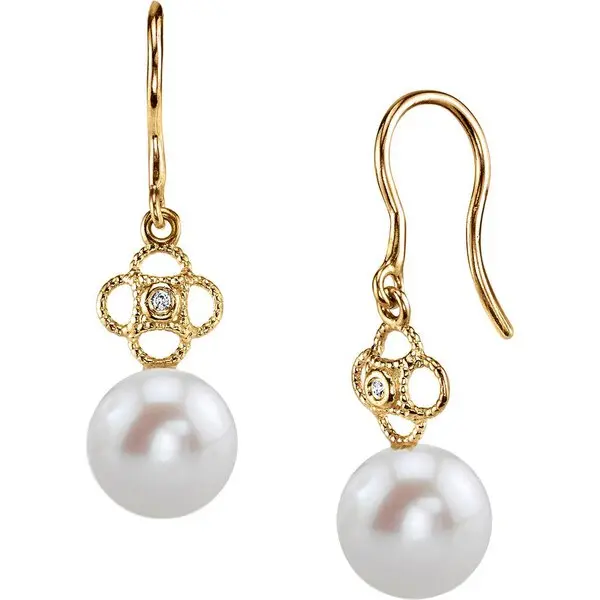 The Pearl Source 14k Gold Freshwater Pearl And Diamond Drop Earrings - Yellow Gold