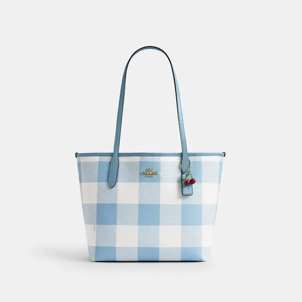 COACH OUTLET Medium City Tote Bag With Gingham Print And Charm
