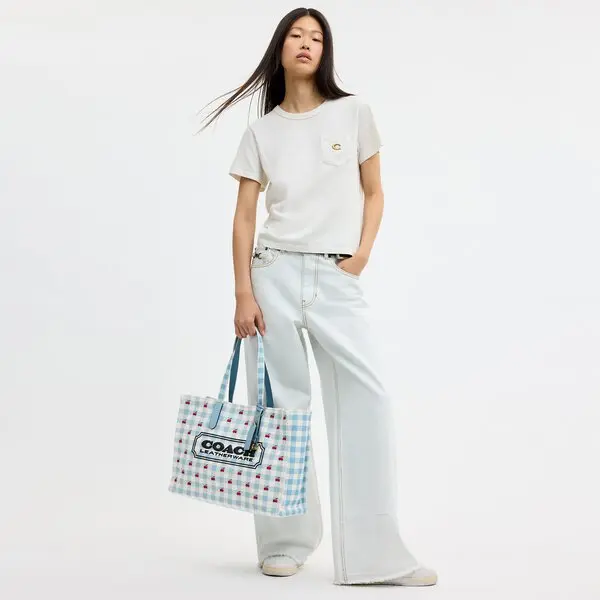 COACH OUTLET Tote Bag With Gingham Print - Gold/blue Multi
