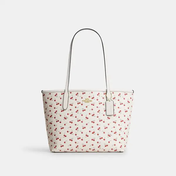 COACH OUTLET Medium City Tote Bag With Cherry Print - Gold/chalk Multi