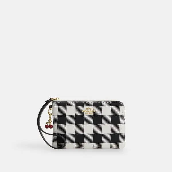 COACH OUTLET Corner Zip Wristlet With Gingham Print And Charm - Gold/black Multi