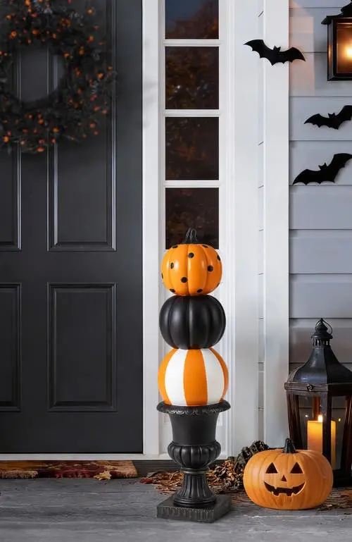 GLITZHOM 27"h Halloween Stacked Pumpkins In Urn Porch Decor