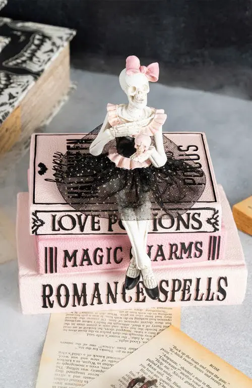 GLITZHOME Halloween Polyresin Skeleton Ballerina On Books Table Decor