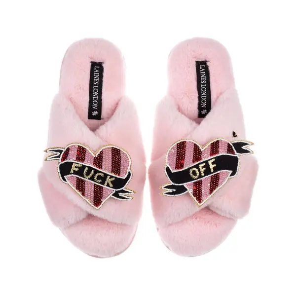 LAINES LONDON Classic Laines Slippers With & Red Stripe Heart Fuck Off Brooches - Pink