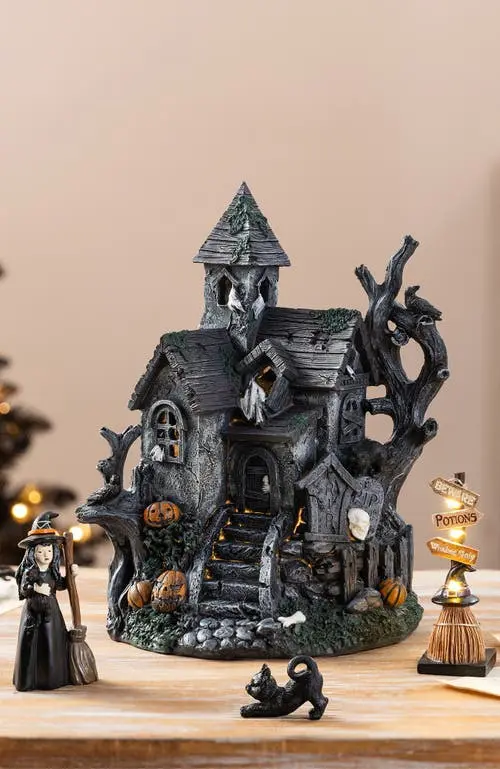 GLITZHOME Set Of 4 Halloween Lighted Resin Haunted House With Timer