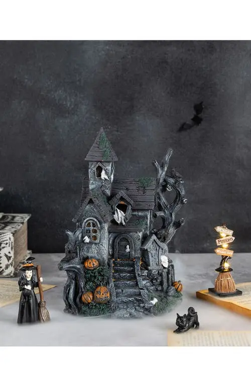 GLITZHOME Set Of 4 Halloween Lighted Resin Haunted House With Timer
