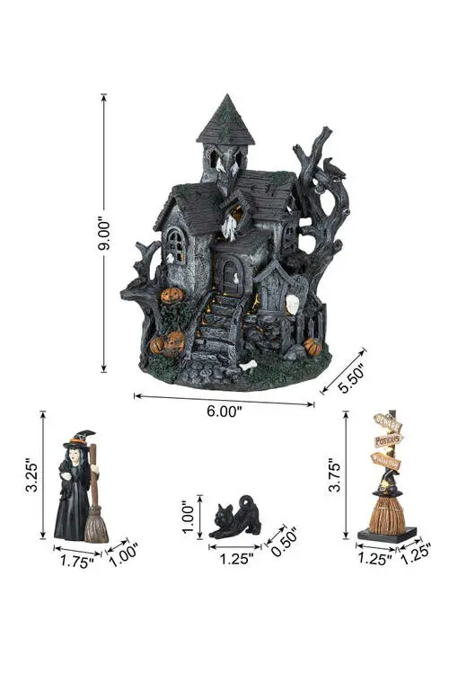 GLITZHOME Set Of 4 Halloween Lighted Resin Haunted House With Timer