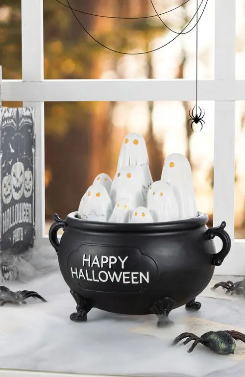 GLITZHOME Halloween Lighted Polyresin Ghosts In Cauldron Table Decor With Timer