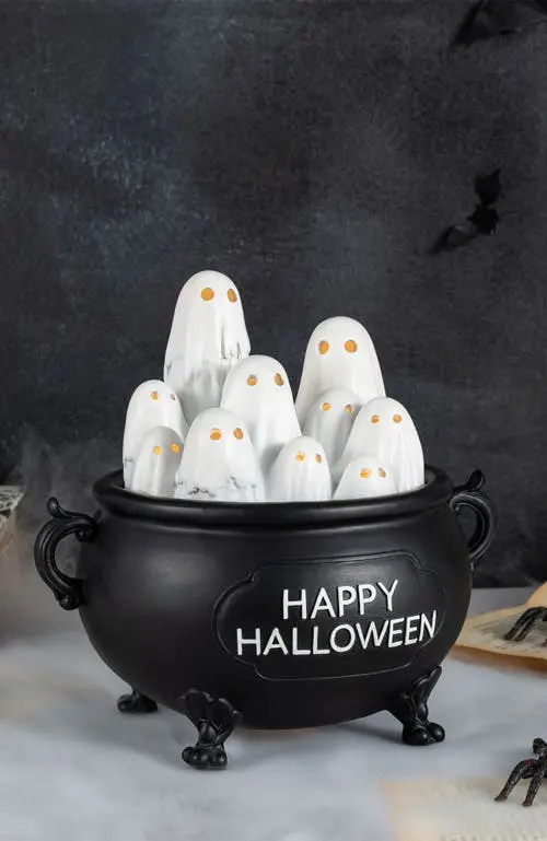 GLITZHOME Halloween Lighted Polyresin Ghosts In Cauldron Table Decor With Timer