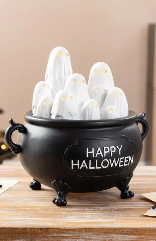 GLITZHOME Halloween Lighted Polyresin Ghosts In Cauldron Table Decor With Timer