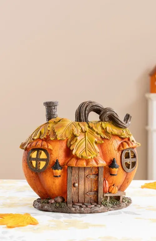 GLITZHOME 8.5"l Fall Lighted Resin Pumpkin House Table Decor With Timer