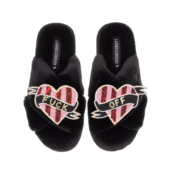 LAINES LONDON Classic Laines Slippers With Pink & Red Stripe Heart Fuck Off Brooches - Black