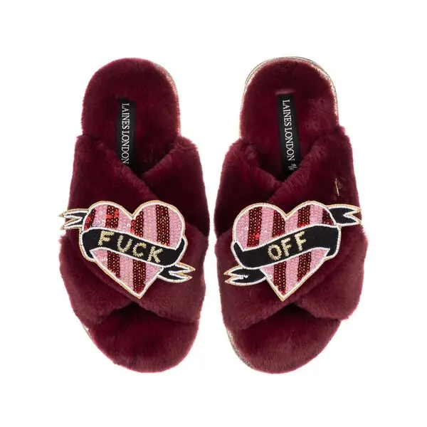 LAINES LONDON Gold / Red Classic Laines Slippers With Pink & Red Stripe Heart Fuck Off Brooches Limited Edition Burgundy - Gold/red