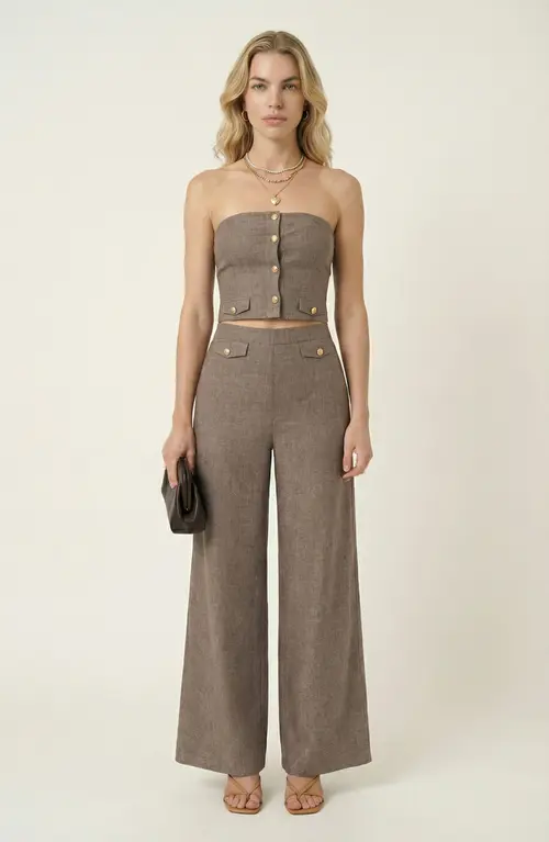MODENAIRE Strapless Button-front Crop Top And Wide-leg Pants Two-piece Set