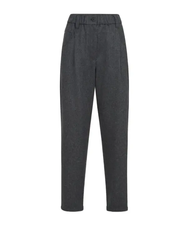 Brunello Cucinelli Wool Flannel Baggy Trousers With Monili Embellishment - Anthracite
