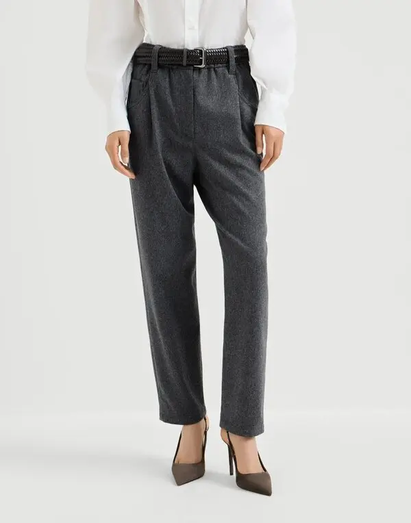 Brunello Cucinelli Wool Flannel Baggy Trousers With Monili Embellishment