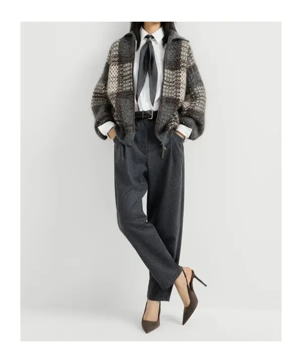 Brunello Cucinelli Wool Flannel Baggy Trousers With Monili Embellishment