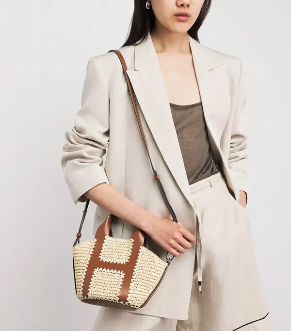 Harrods Small Raffia Tote Bag With Leather Accents