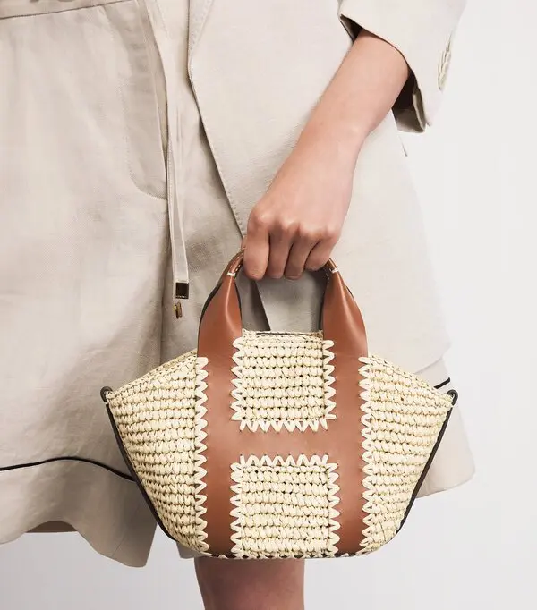 Harrods Small Raffia Tote Bag With Leather Accents